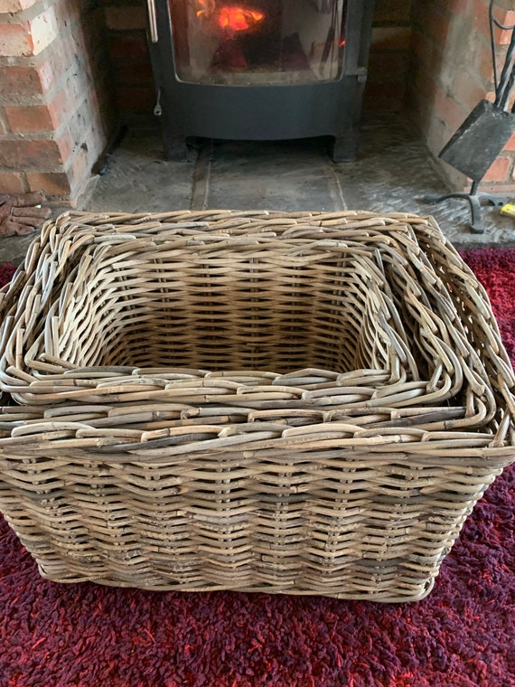 Wicker Storage Rectangular Log Basket Grey Buff Etsy
