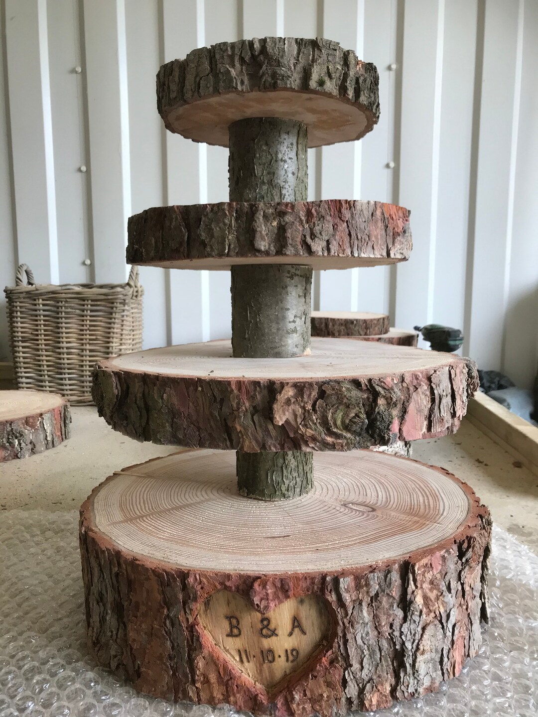 Four Tiered Rustic Wooden Log Wedding Cake Cup Stand With Large Base ...