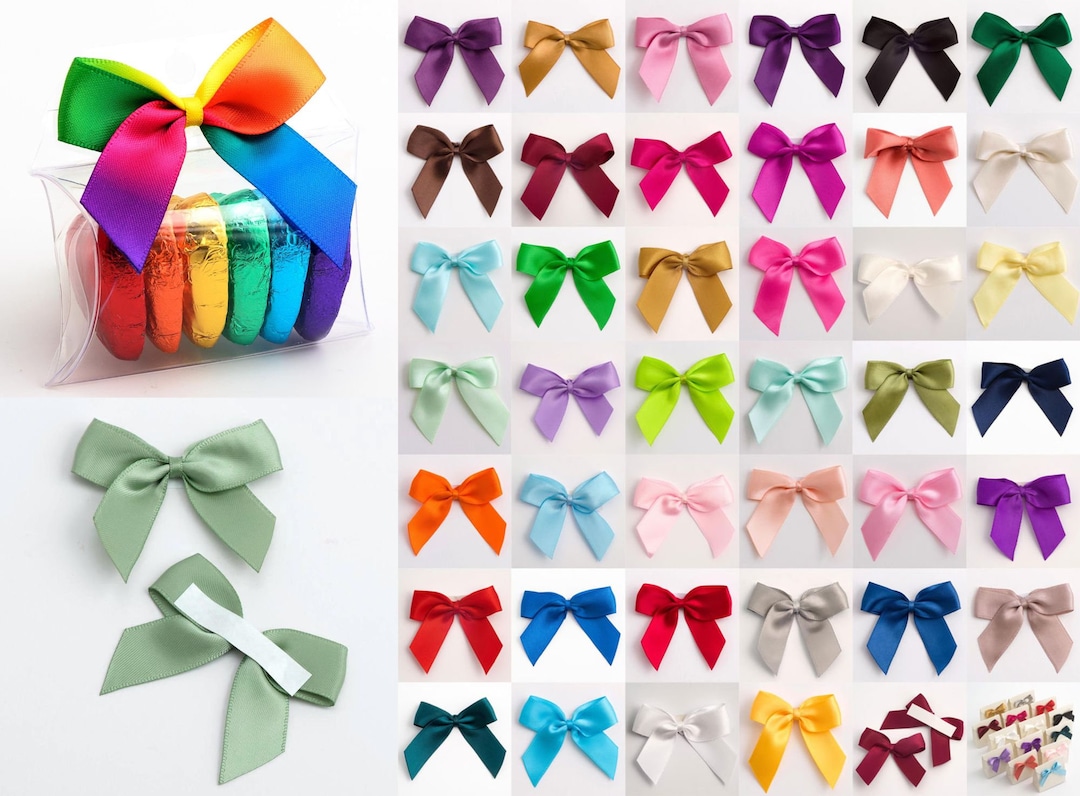 6 X 5cm Satin Self Adhesive Bows Pre Tied - 43 Colours Inc. Rainbow ...