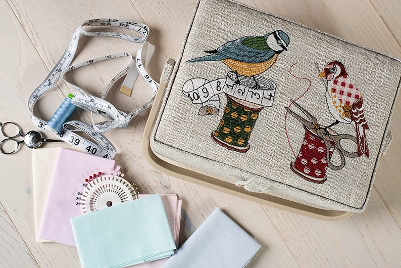 Hobbygift Medium Sewing Box - Birds on Bobbin Embroidered Design ...
