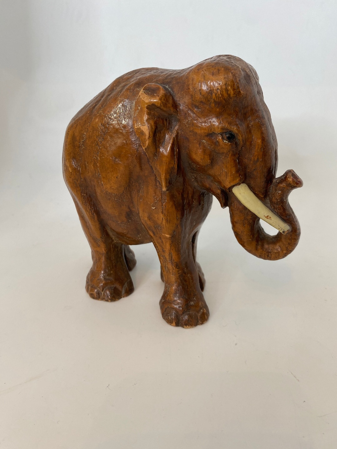 Syroco Wood Elephant Figure With White Tusks and Curled Trunk--1940's ...
