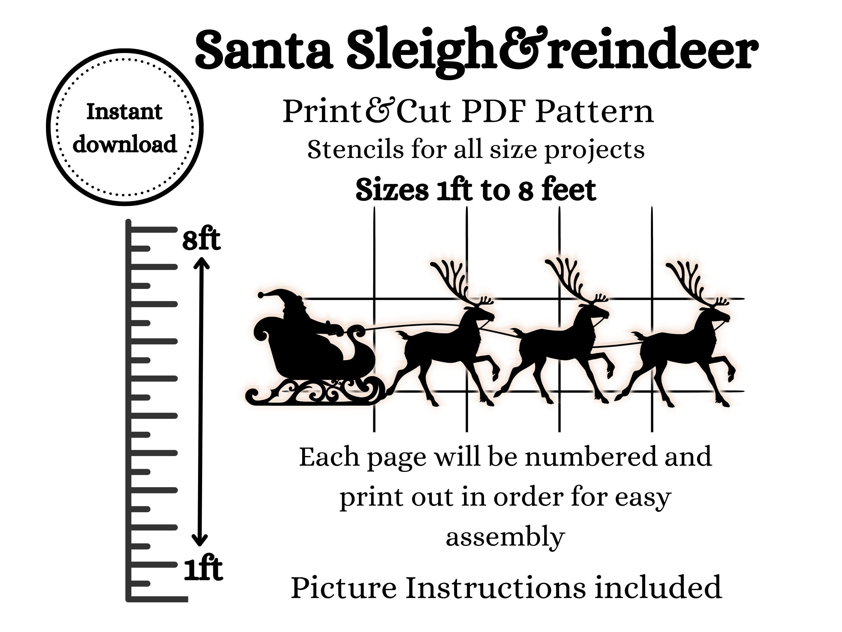 1ft to 8ft Santa Sleigh and Reindeer Silhouette Template. PDF - Etsy