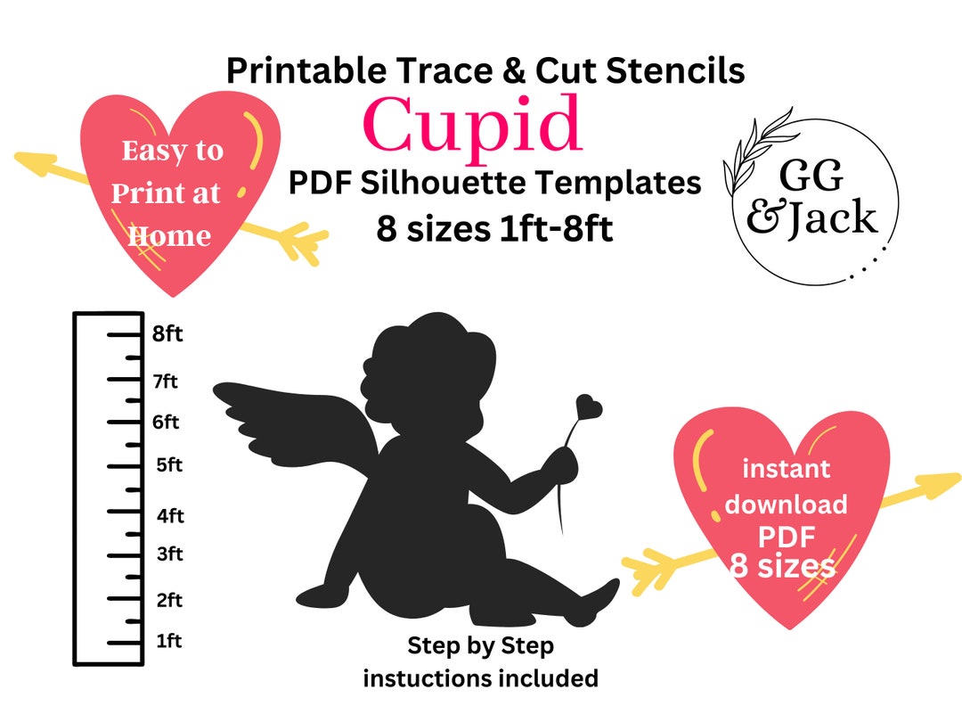 1ft to 8ft Valentine Cupid Sitting Silhouette Templates Bundle ...