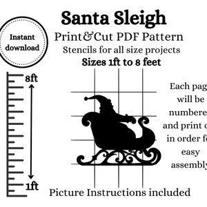 1ft to 8ft Life Size Santa Sleigh Silhouette Template. PDF Digital ...