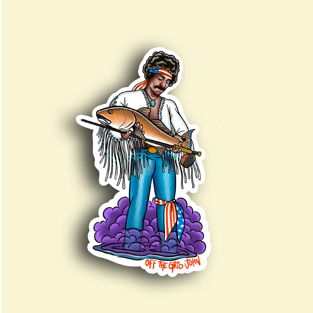 Off the Grid John Redfish Jimi Hendrix Fishing Fly Fishing Sticker ...