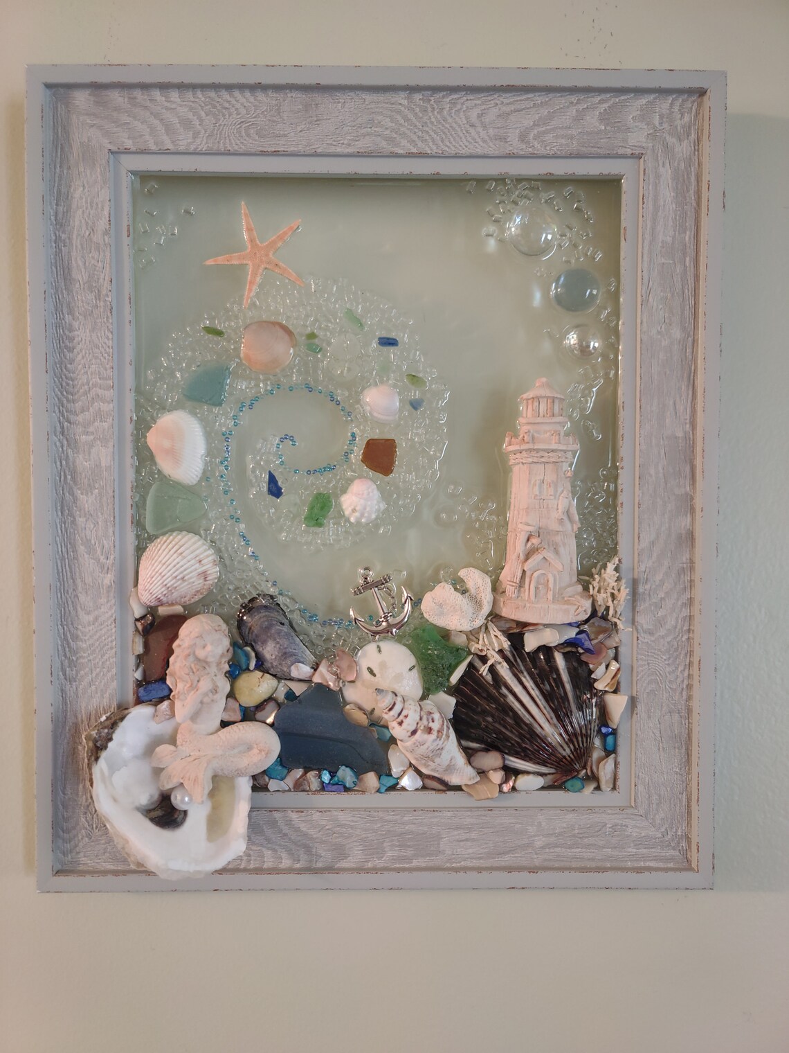 8x10 Lighthouse W/ Mermaid Sea Glass Art Frame - Etsy