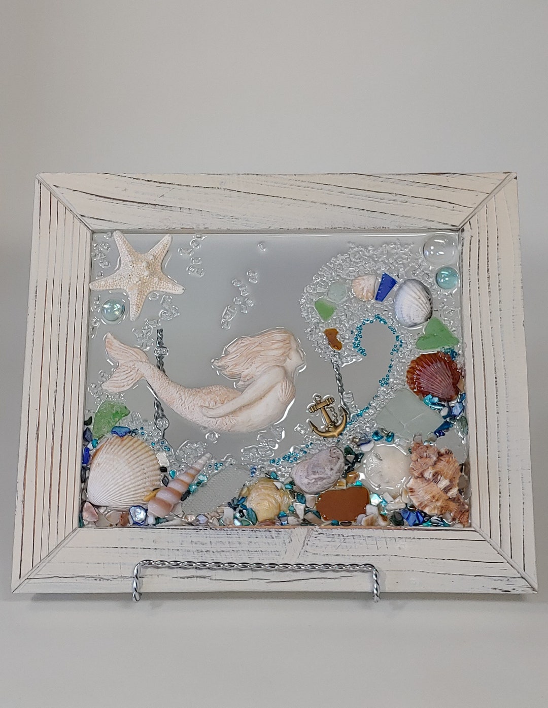 8x10 Mermaid Swimming With Wave Sea Glass Art Frame - Etsy