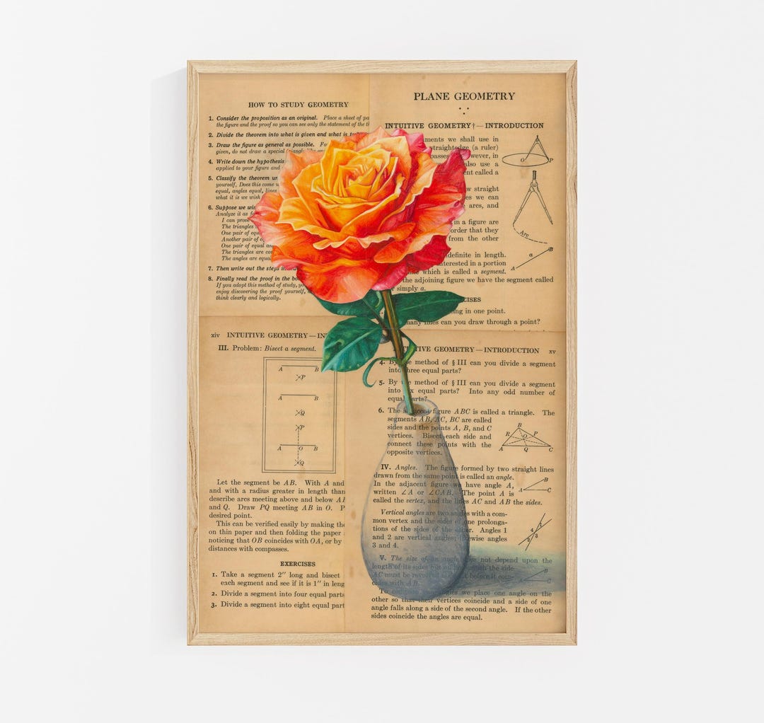 Rose Geometry Art Print: Oil Painting on Vintage Book Pages, Unique ...