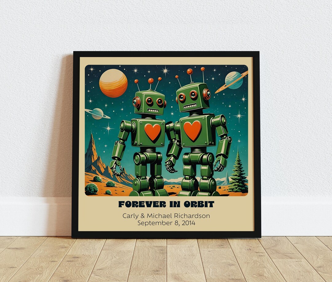 Cosmic Lovebots Custom Couples Poster Robot Art Wedding Gift Retro ...