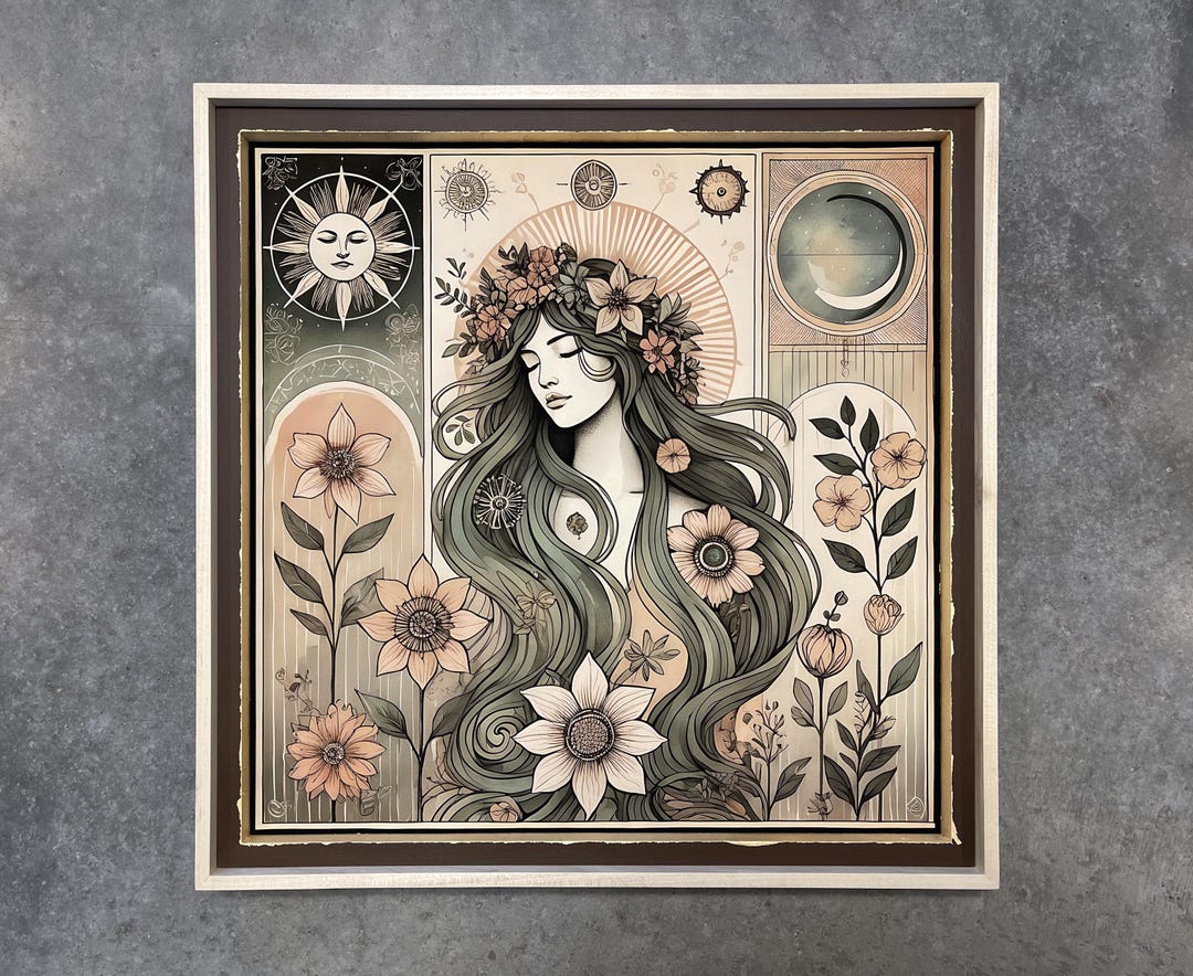 Celestial Boho Floral Goddess Hand-framed Print, Cozy Bohemian Décor ...