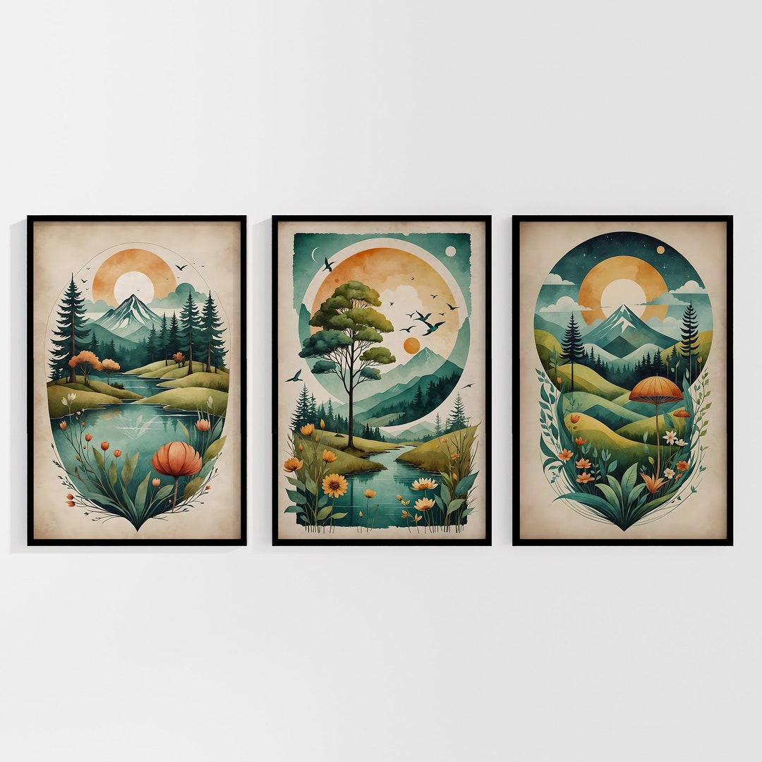 Boho Mountain & Forest Prints Folk Art Minimalism Eclectic Nature ...