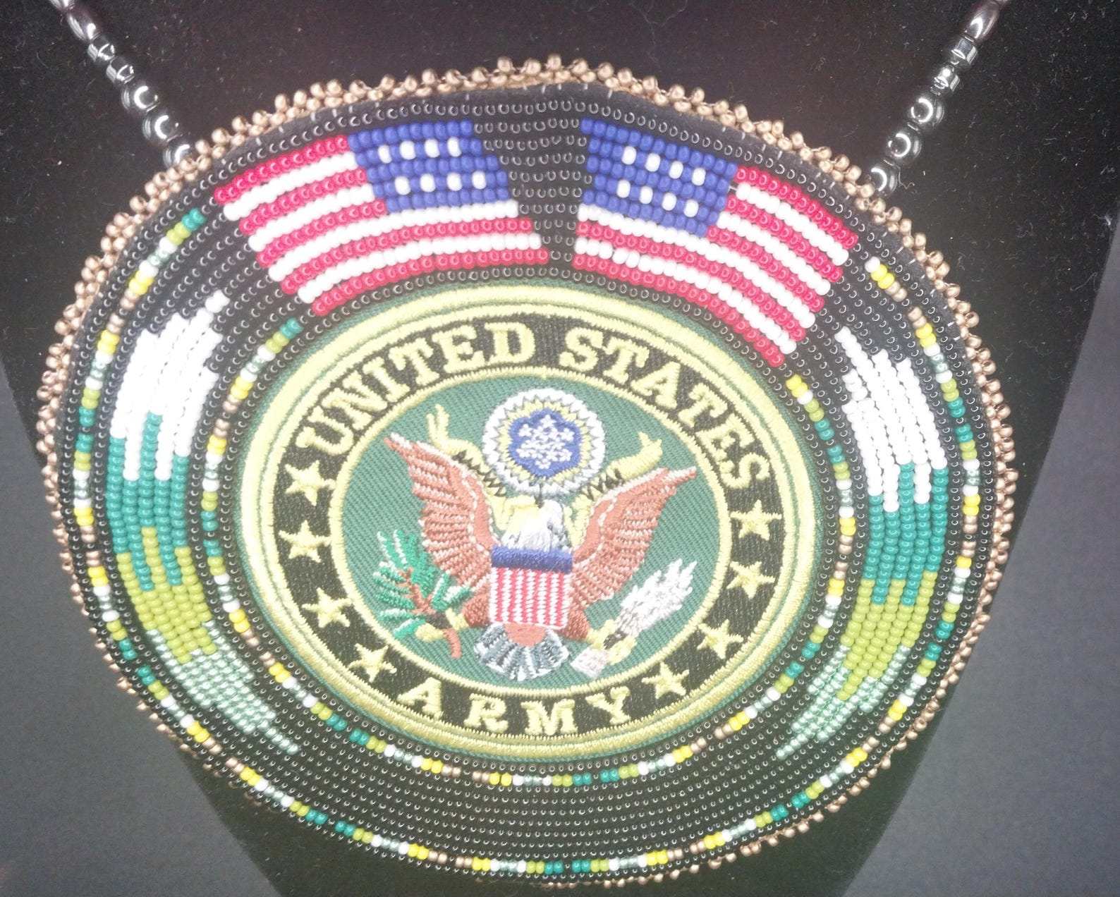 Army Patch Beaded Native American Design Medallion in Green, Cream and ...