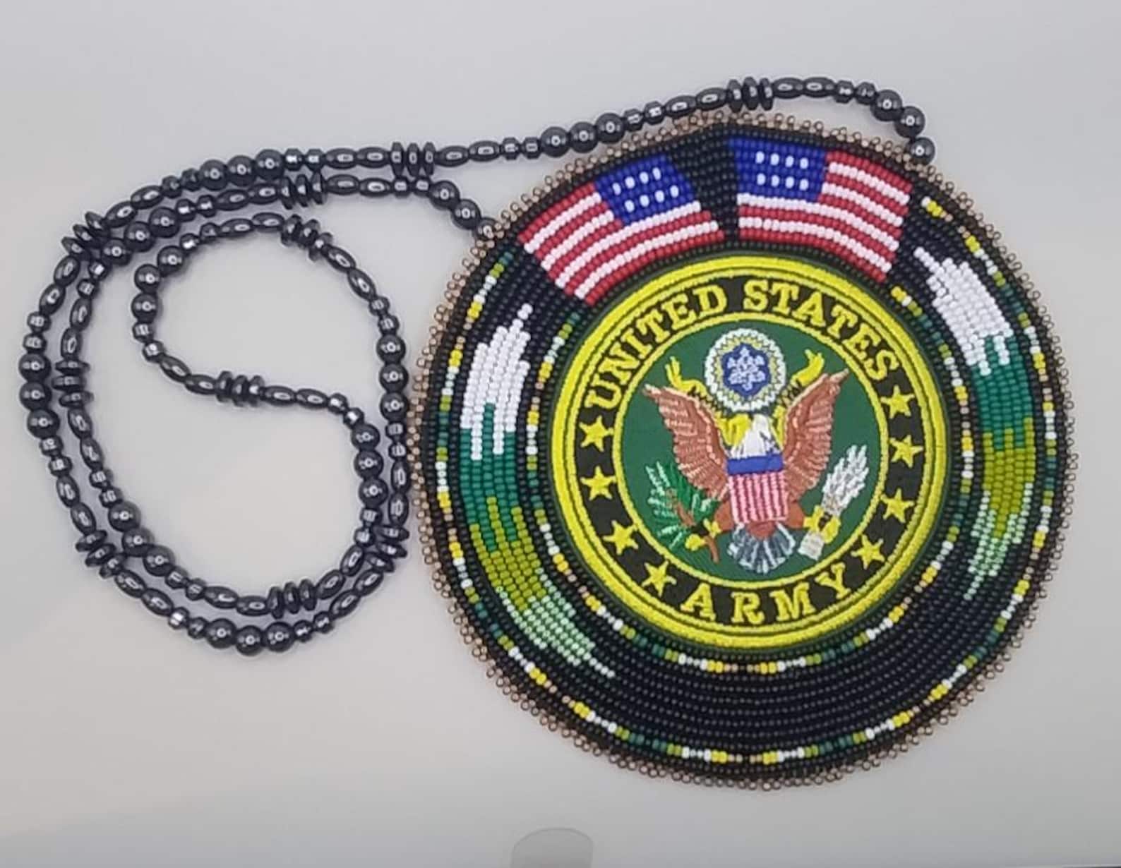 Army Patch Beaded Native American Design Medallion in Green, Cream and ...