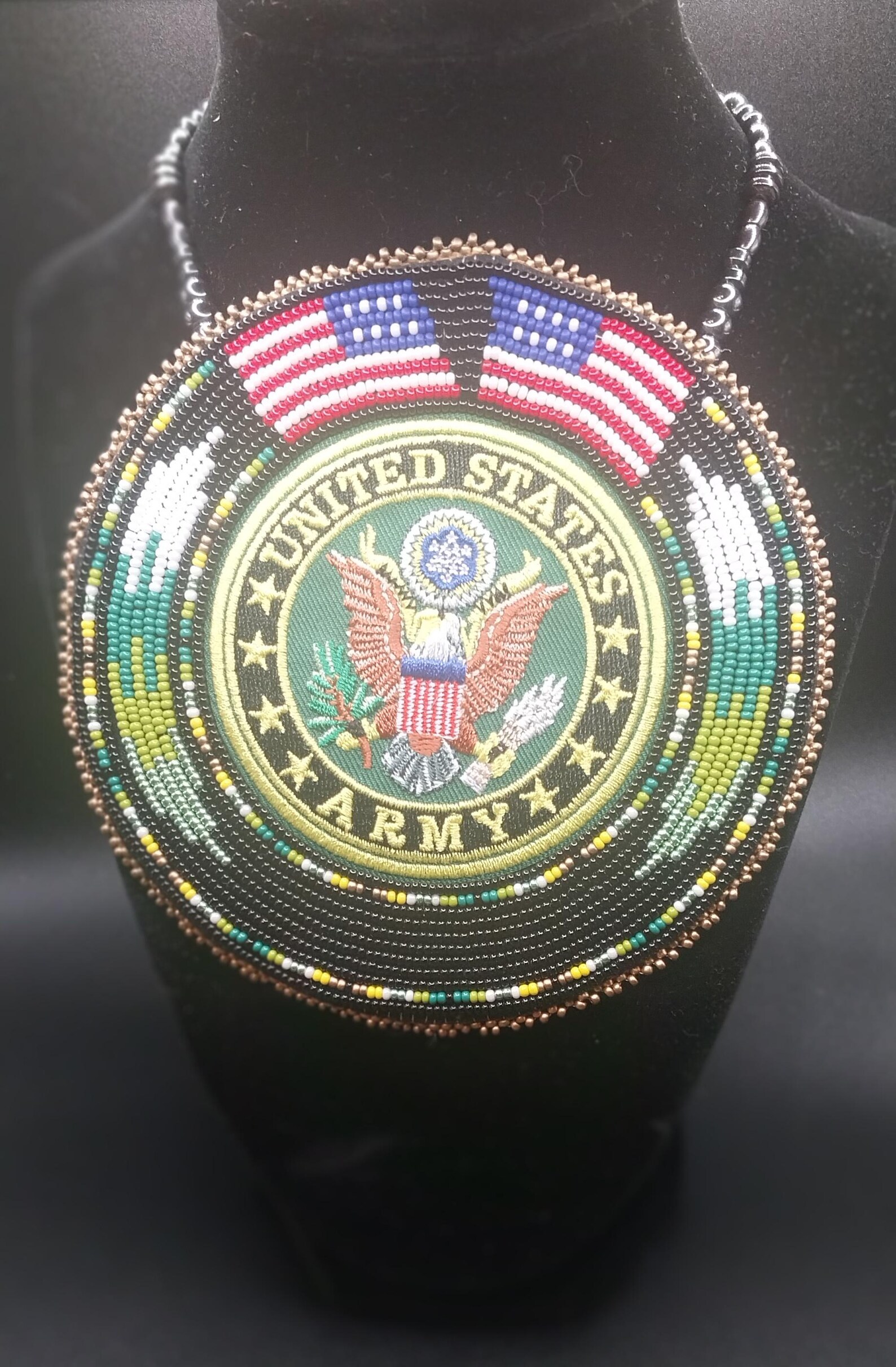 Army Patch Beaded Native American Design Medallion in Green, Cream and ...