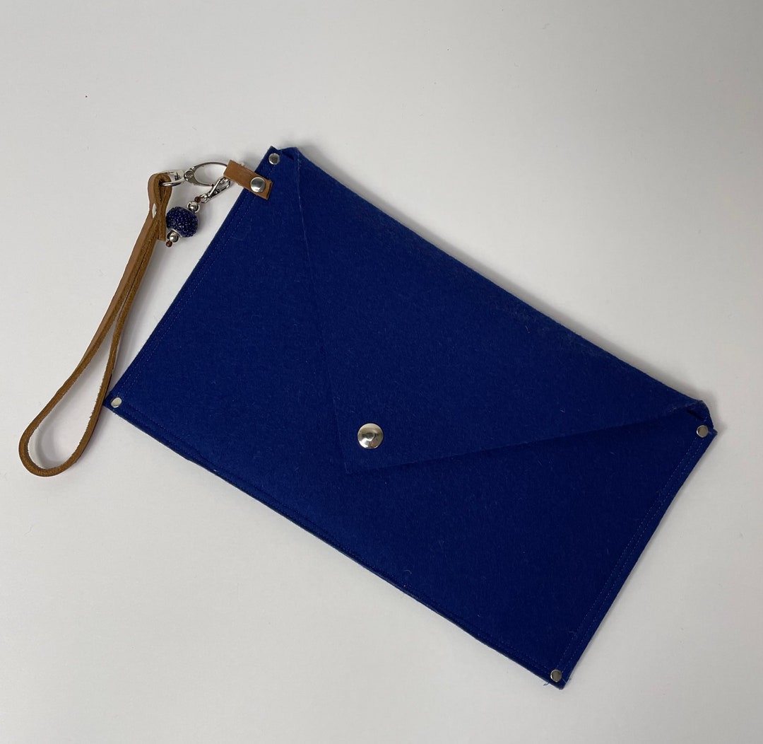 Blue Clutch/wristlet Made From Merino Wool Felt With Leather Strap and ...