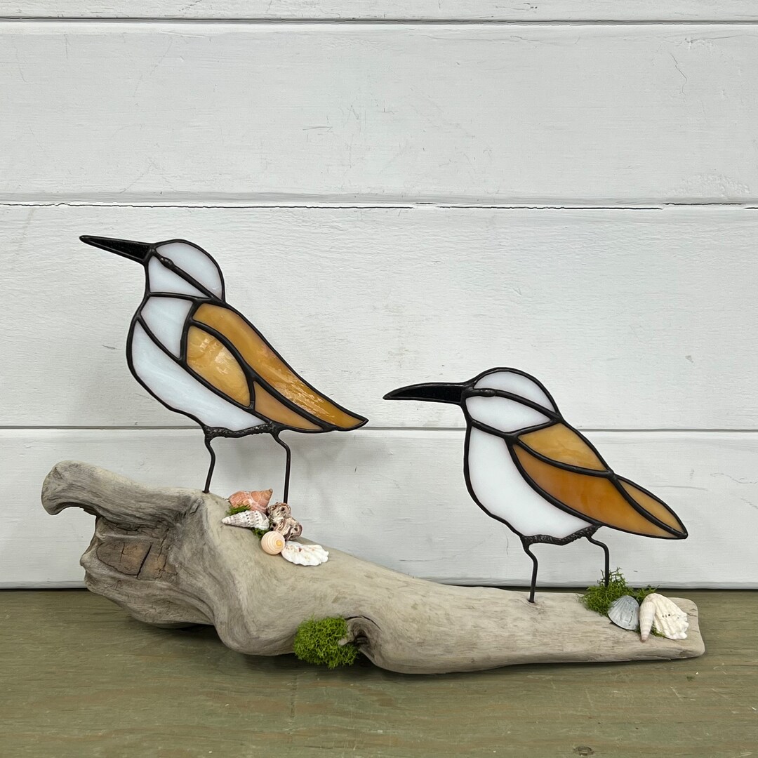 STAINED GLASS SANDPIPERS Glass Art Two Sandpipers on Driftwood Original ...
