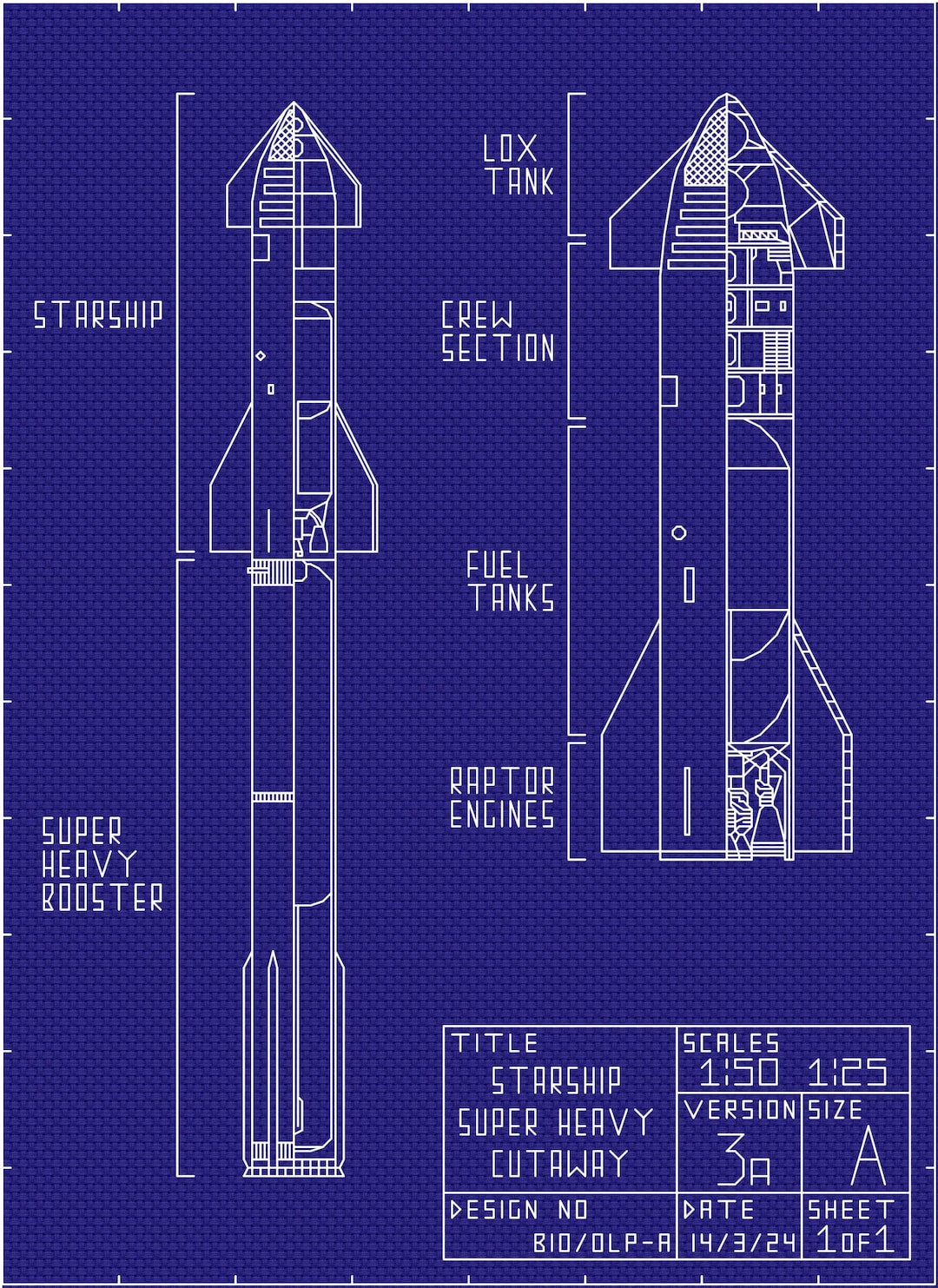 Space X Starship Super Heavy Blueprint Cross Stitch Pattern, Instant ...