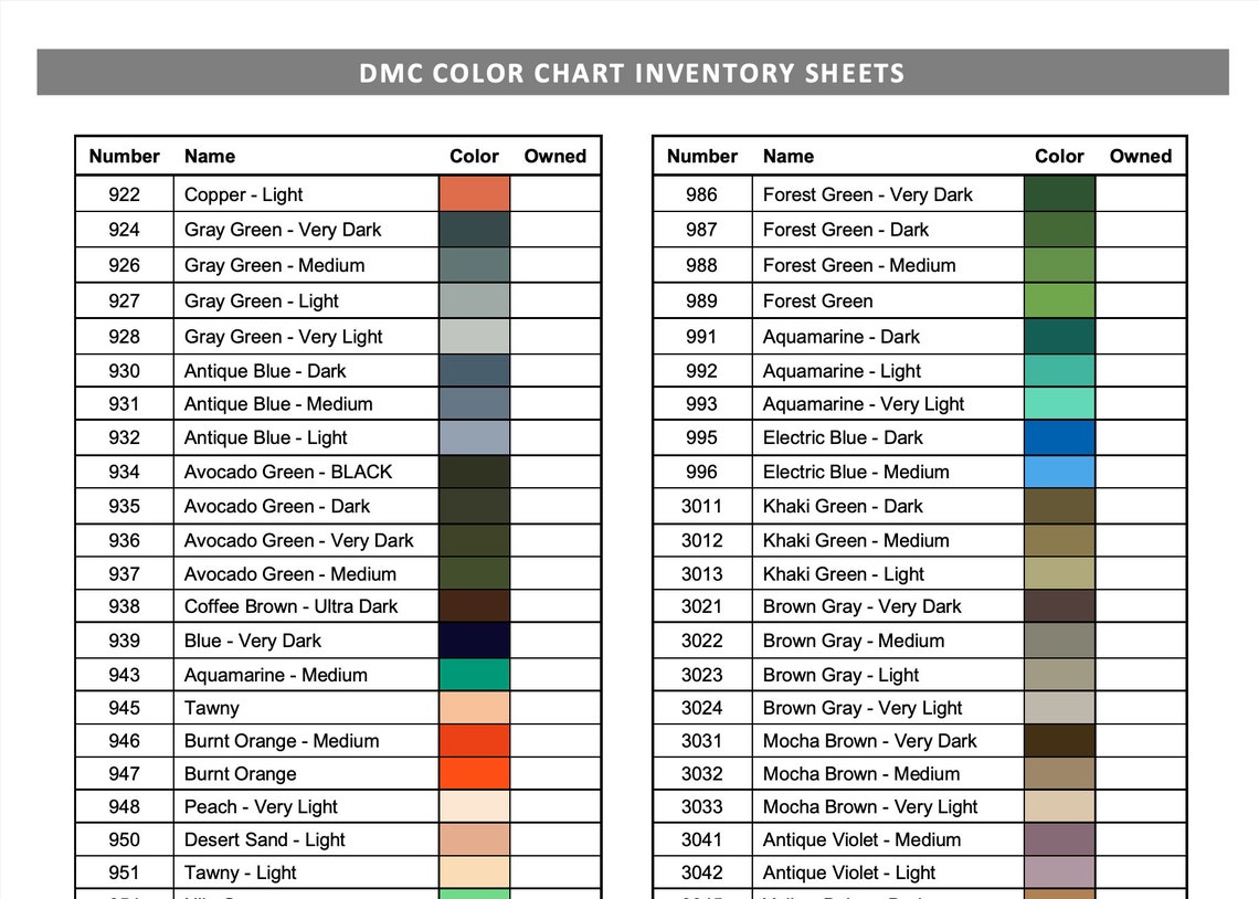 Printable DMC Thread Color Chart Tracker Inventory Sheet | Etsy