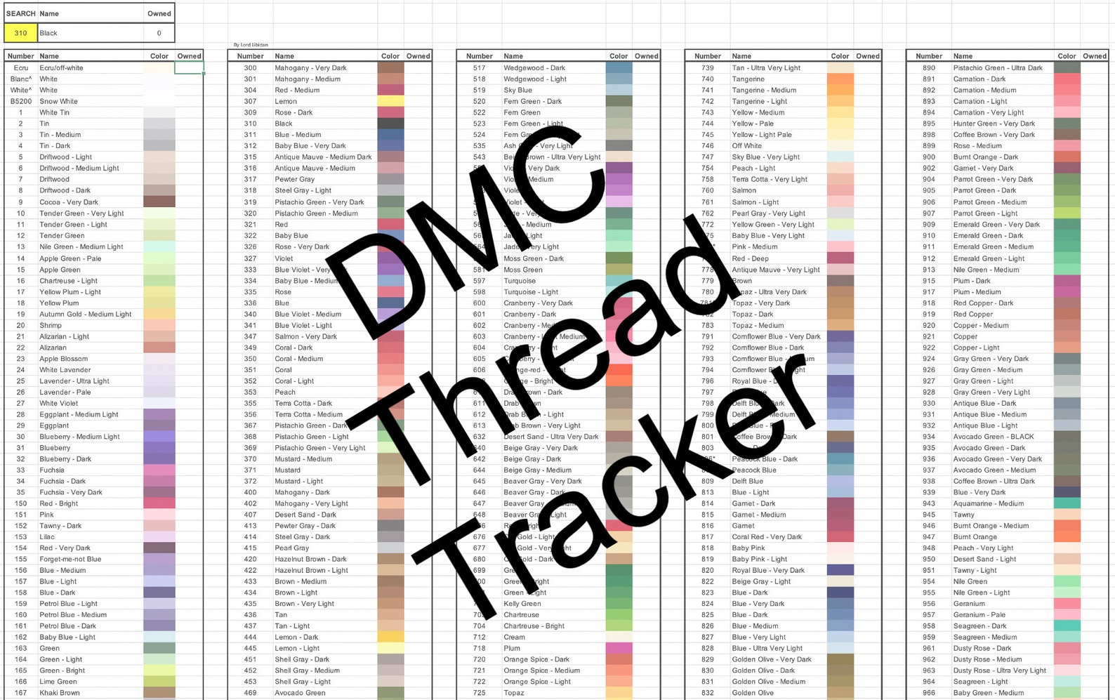 DMC Thread Color Chart Tracker Inventory Spreadsheet | Etsy