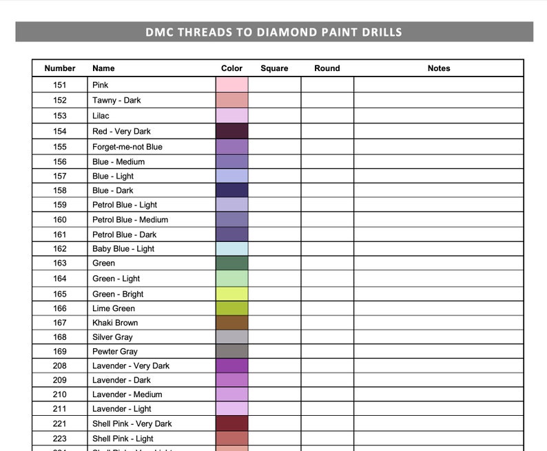 Printable Diamond Painting DMC Color Chart Tracker Inventory - Etsy