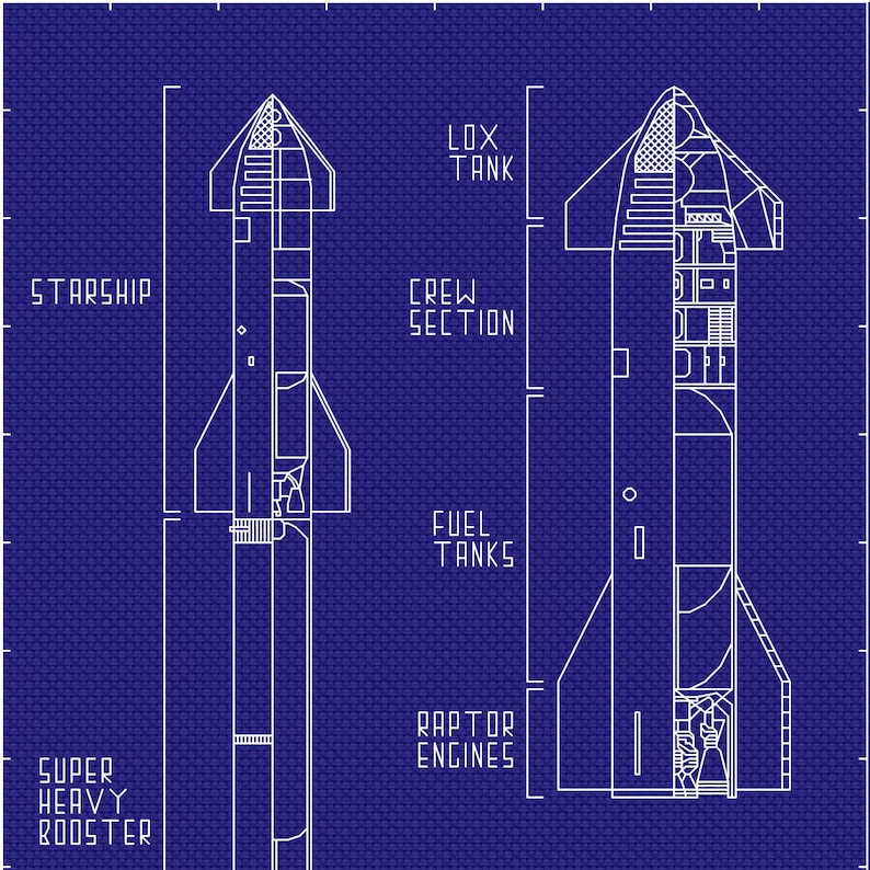 Spacex Starship Blueprint Cross Stitch Pattern (PDF Download) - Etsy