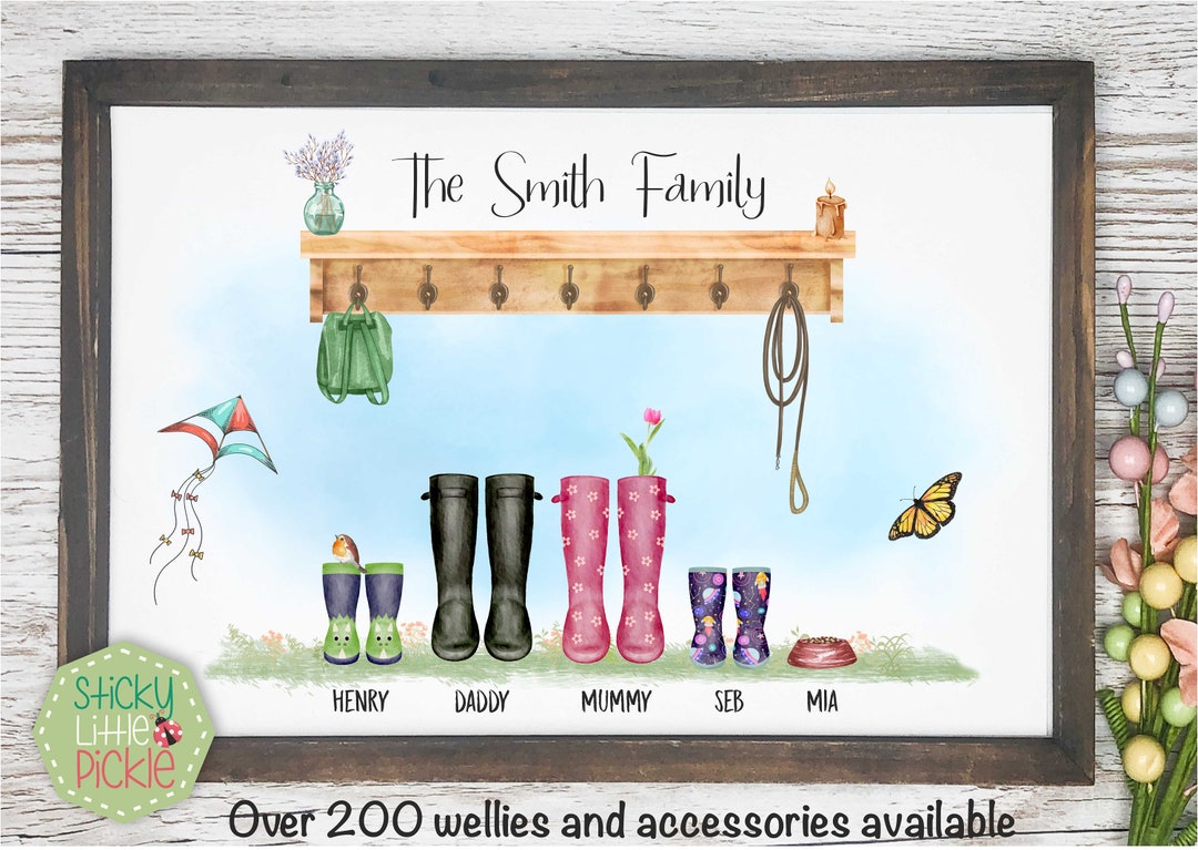 Wellie Boot Print, Personalised Custom Welly Boots, Fathers Day Print ...
