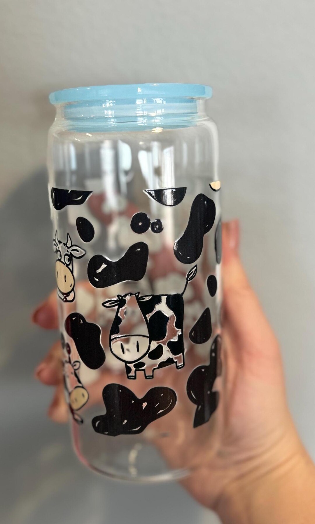 Cow Cup, Glass Cow Cup, Libbey Glass Cup, Plastic Lid Cup, Reusable ...