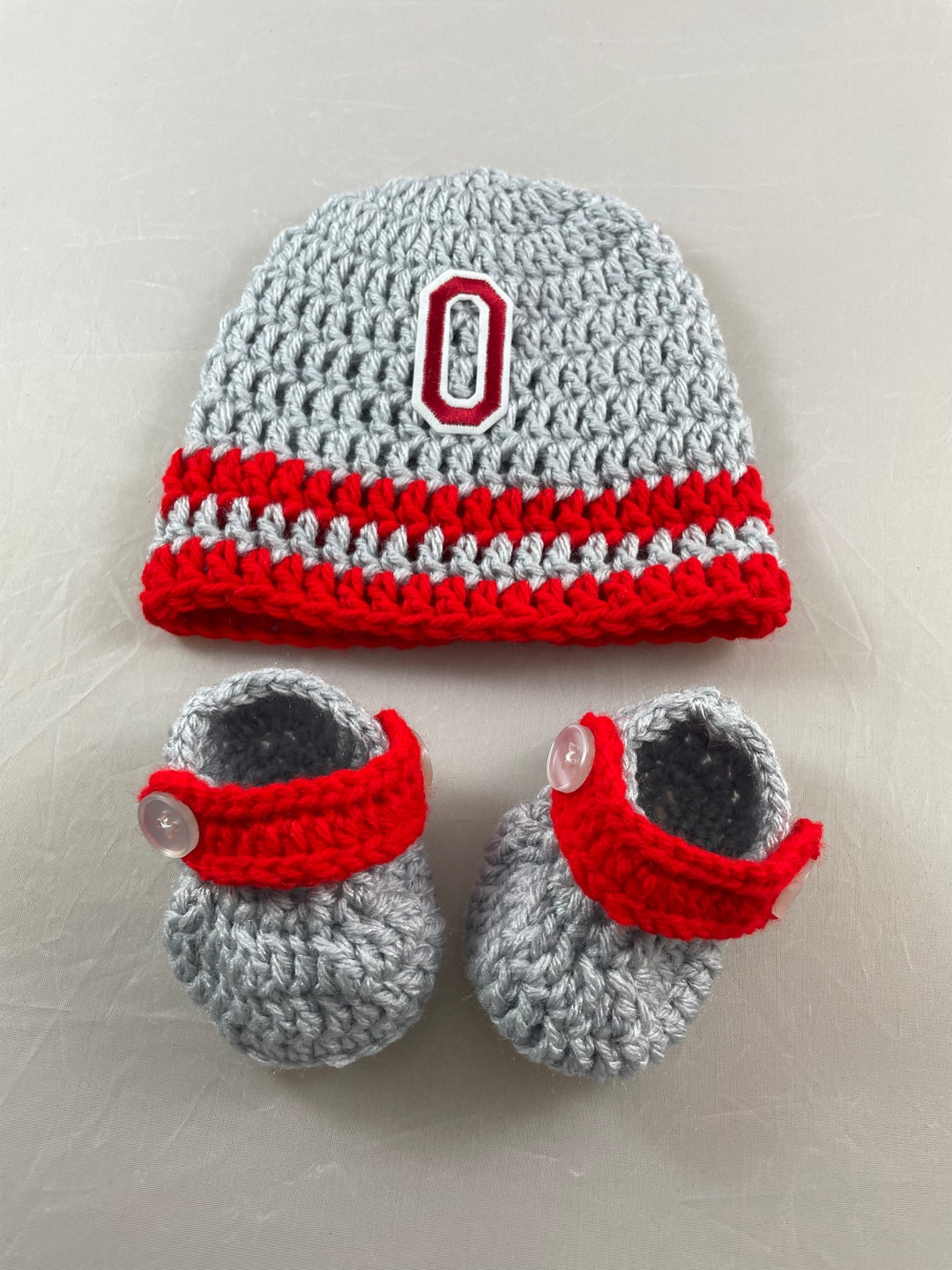 OSU Colors Gray & Red Crochet Beanie Hat and Matching Baby Sandals 4 ...