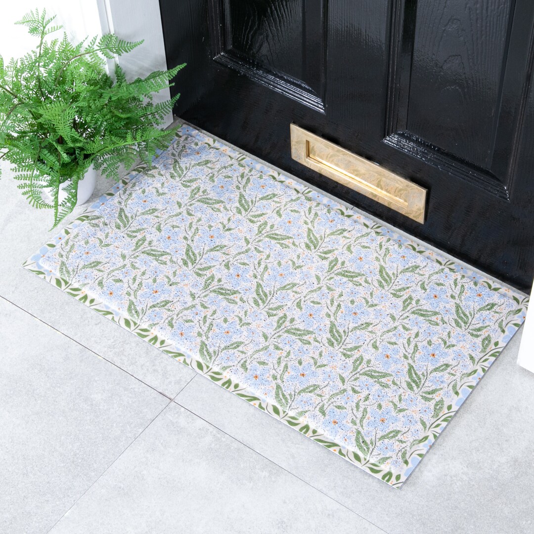 Blue Floral Pattern Mat - Indoor/outdoor Doormat - Spring Flowers ...