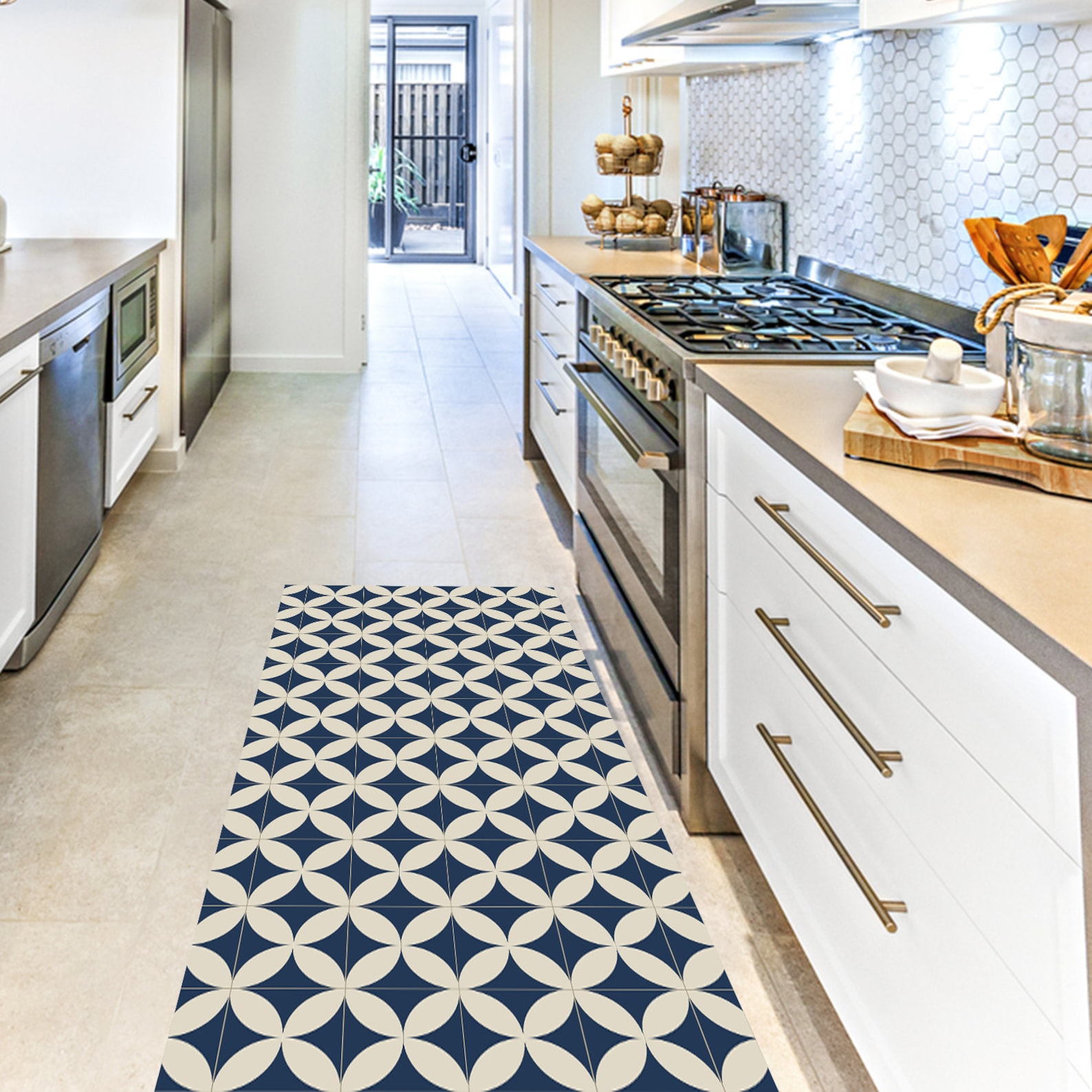 Hydra Vinyl Kitchen Floor Mat: Wipeable Geometric Tile Pattern - Etsy