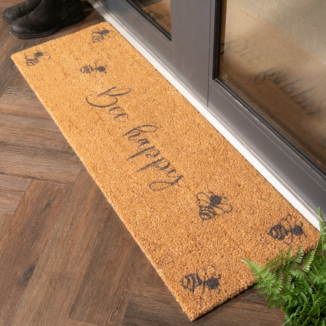 Grey Bee Happy Double Door Mat - Bees Pattern Doormat - Cute Honeybee ...