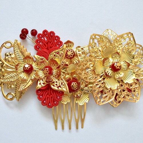 Red Gold Chinese Wedding Bridal Hair Comb/hair Piece/hair | Etsy