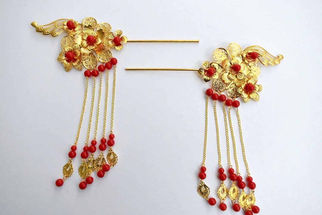 Red + Gold Chinese Wedding Bridal Hair Pin/hair Piece/hair Accessory ...