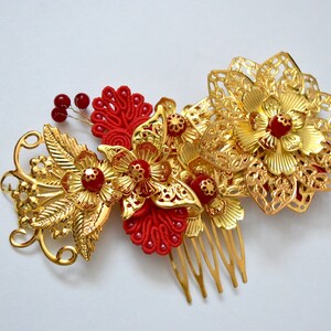 Red + Gold Chinese Wedding Bridal Hair Comb/hair Piece/hair Accessory ...