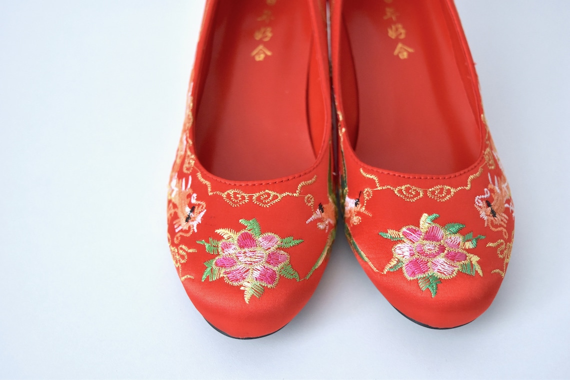 Chinese Wedding Shoes Liang Traditional Red Low Heel - Etsy