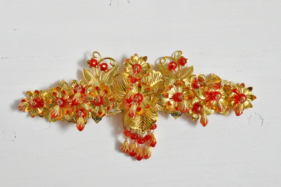 Red + Gold Chinese Wedding Bridal Hair Comb/hair Piece/hair Accessory ...