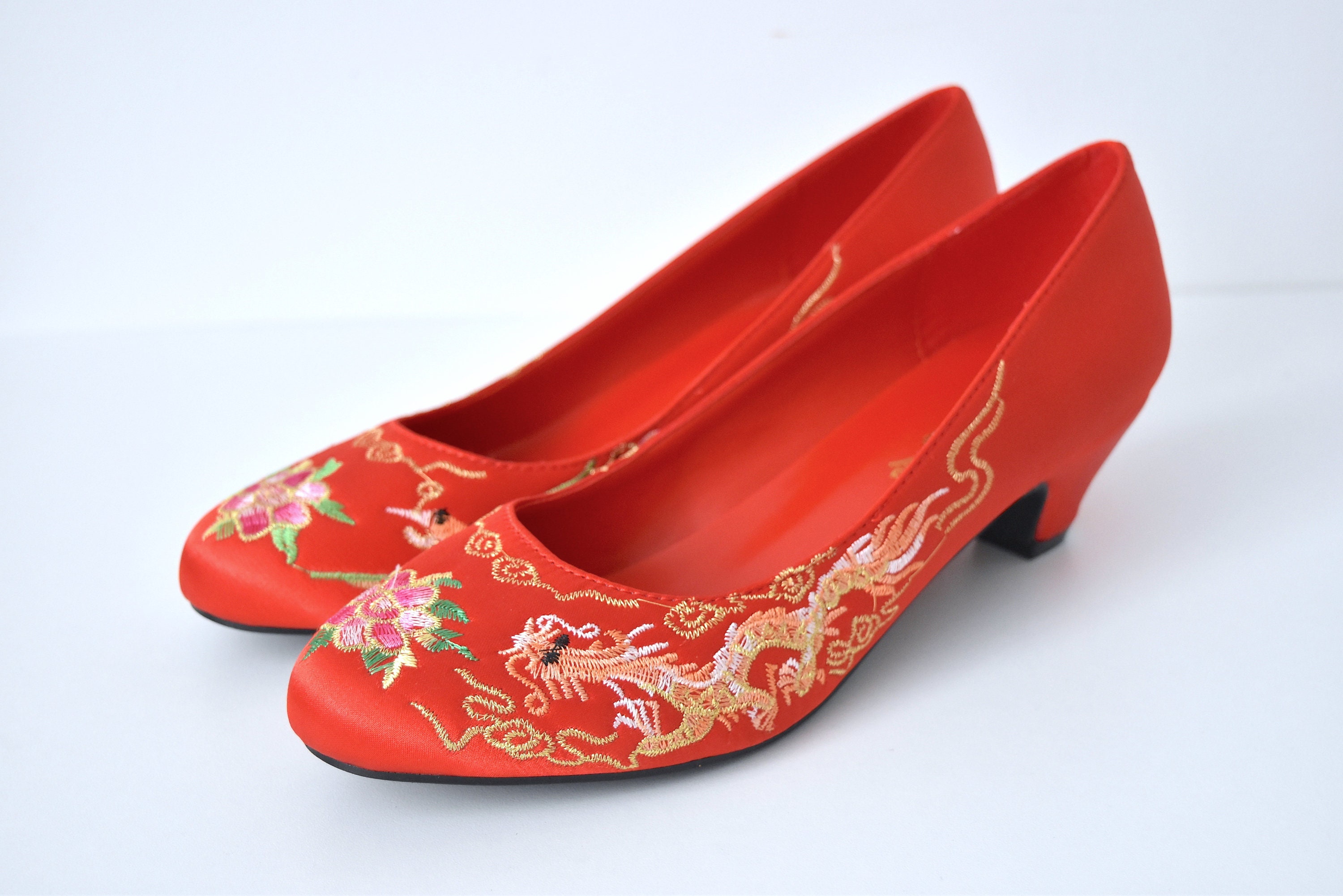 Chinese Wedding Shoes Liang Traditional Red Low Heel - Etsy
