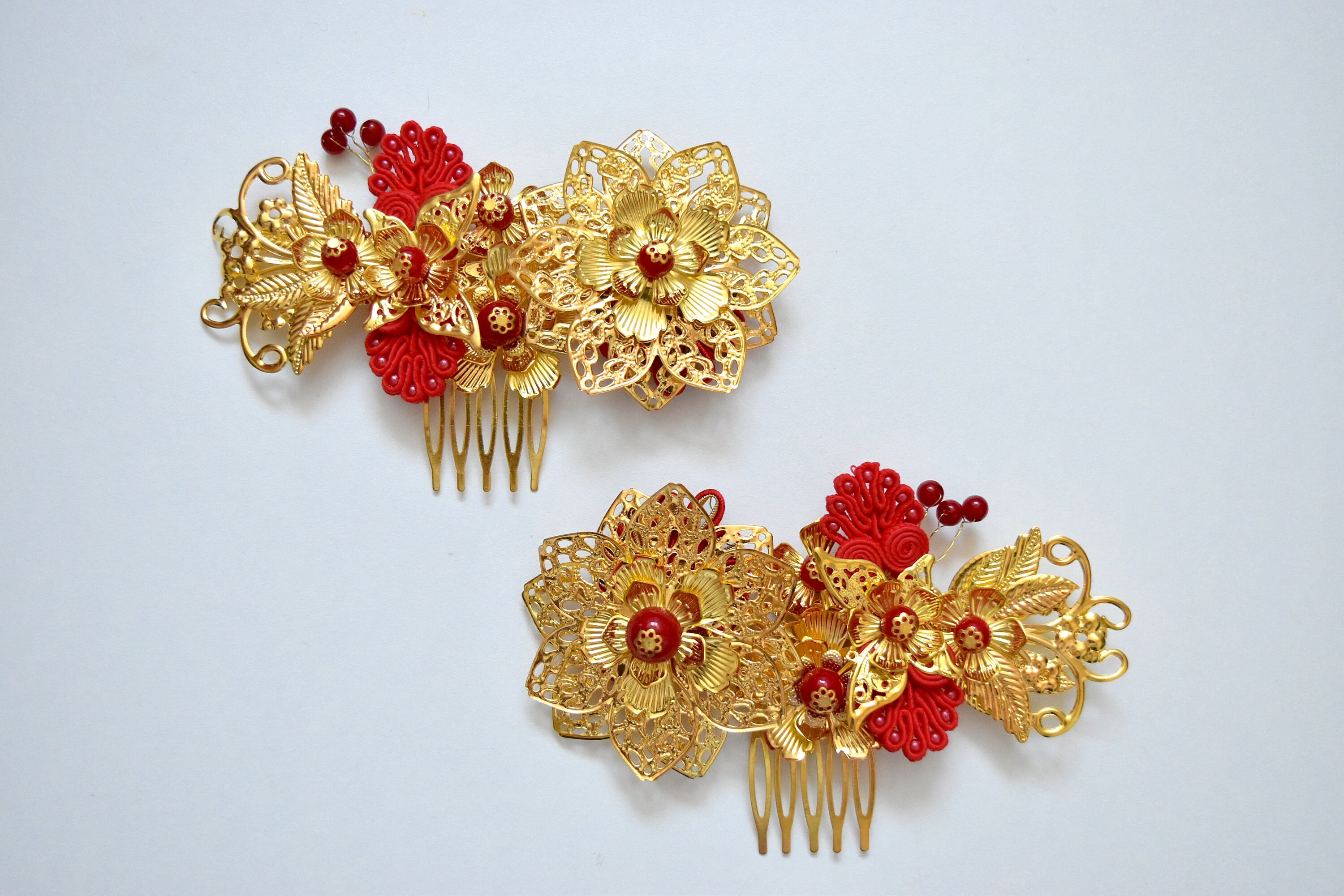 Red + Gold Chinese Wedding Bridal Hair Comb/hair Piece/hair Accessory ...