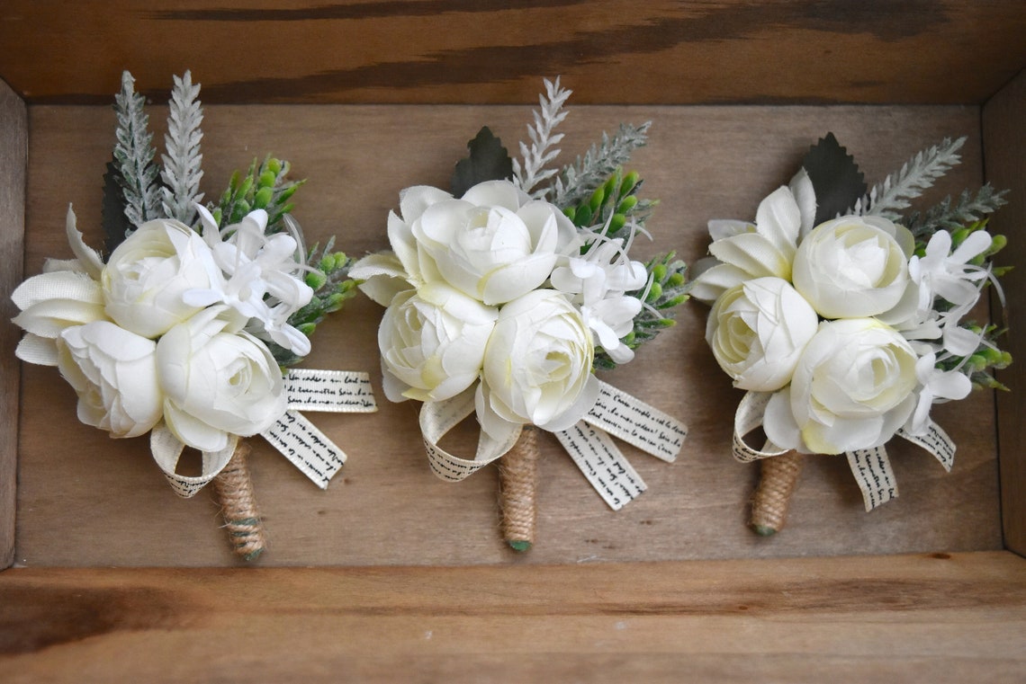 Rustic Groom/mens Wedding Ivory Peony Flower Buttonhole Boutonniere ...