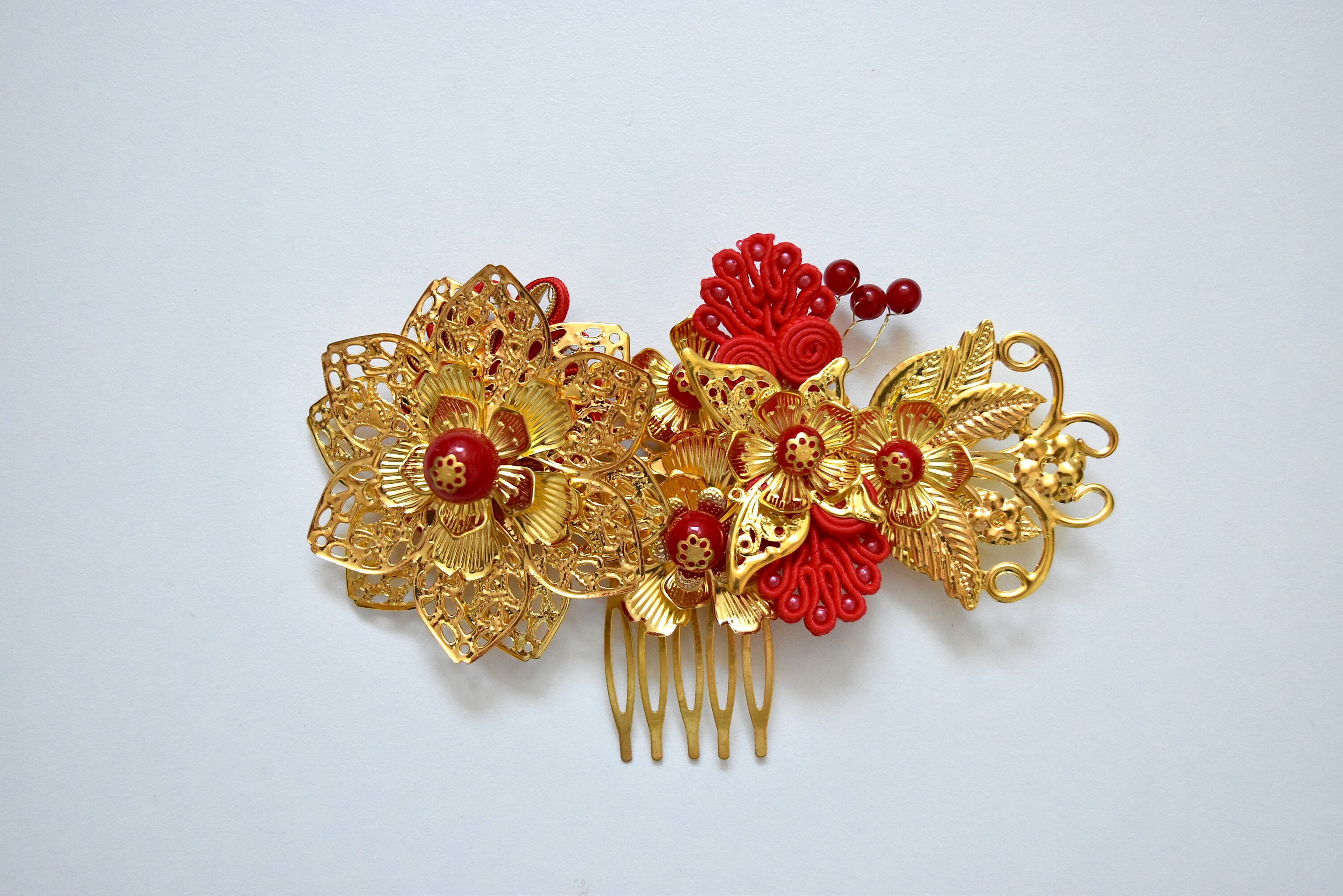 Red + Gold Chinese Wedding Bridal Hair Comb/hair Piece/hair Accessory ...