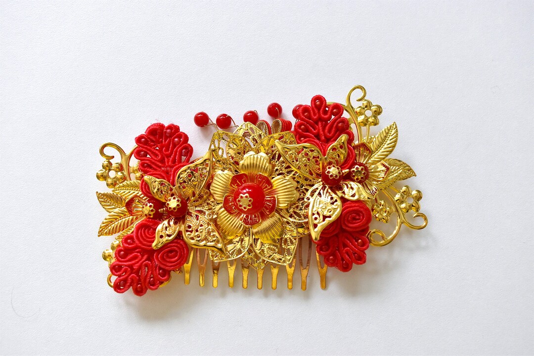 Red + Gold Chinese Wedding Bridal Hair Comb/hair Piece/hair Accessory ...