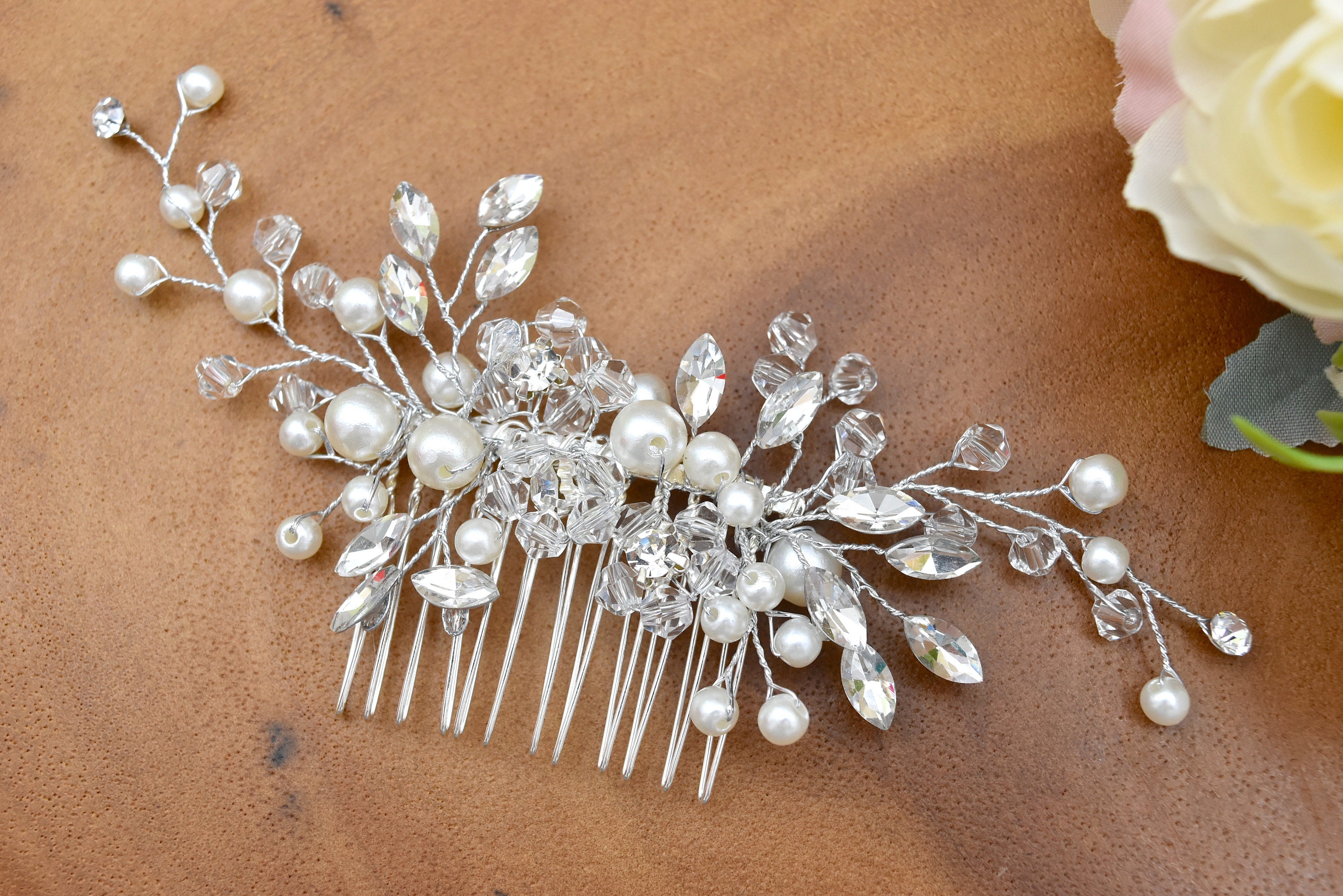 Bridal Silver Crystal Rhinestone Pearl + Jewel Droplet Wedding Hair ...