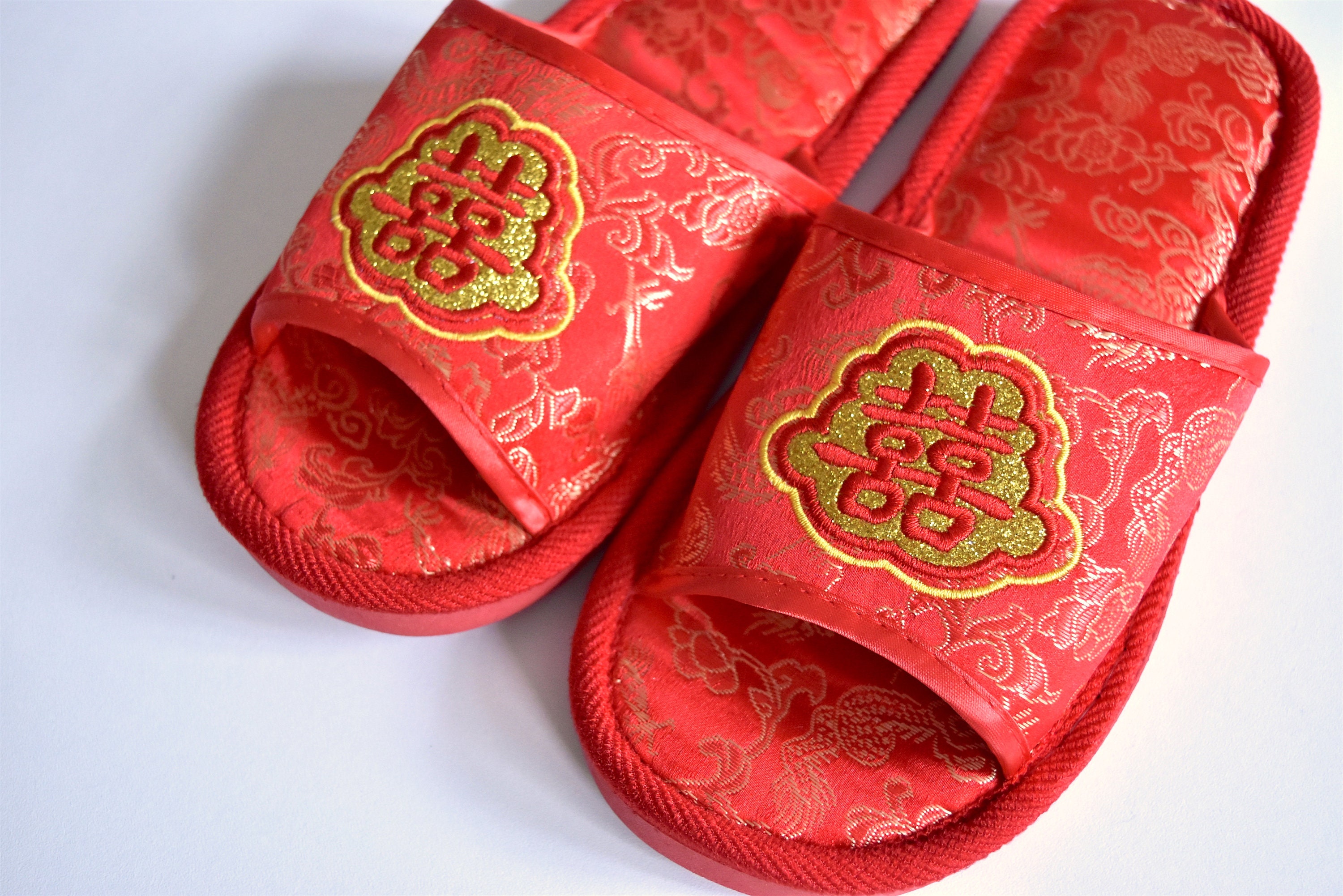 Red Satin Chinese Wedding Double Happiness Slippers for Pre-wedding ...