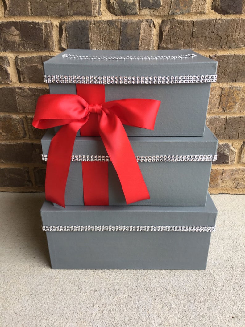 Gray and Red Card Box Centerpiece, Turquoise 3 Tier Wedding, Shower, or ...