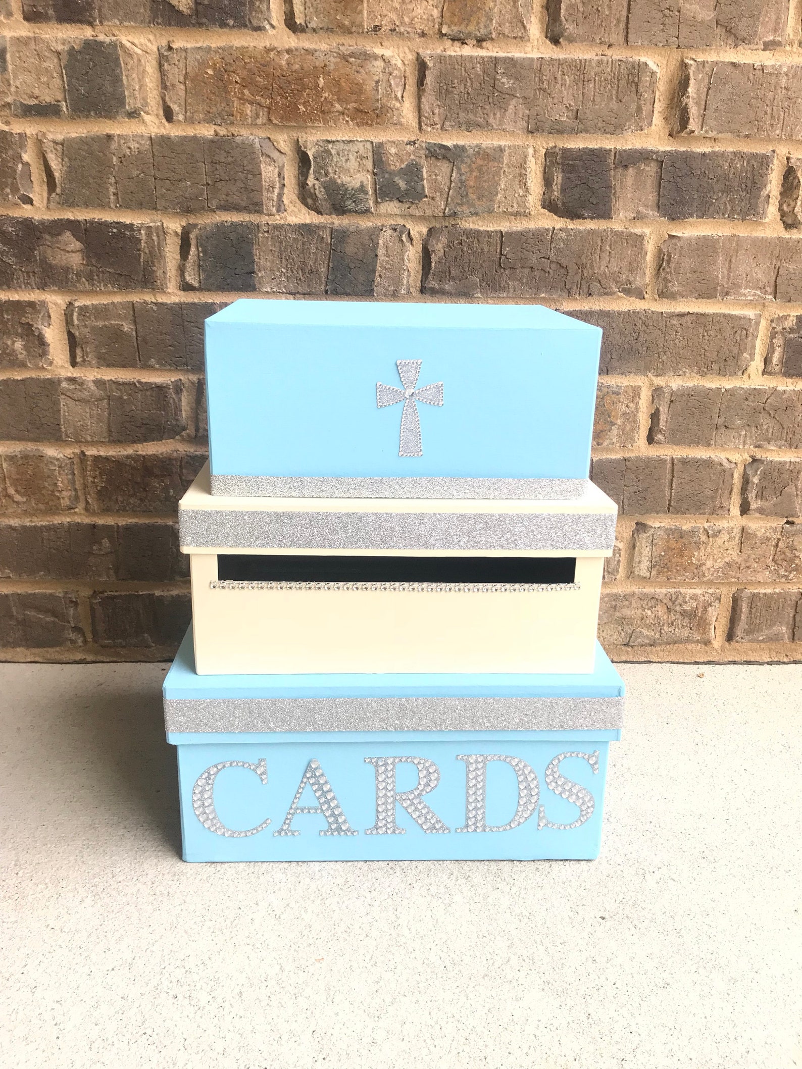 Baptism Card Box Centerpiece (mid-size) - 3 Tier Blue and Ivory Card ...