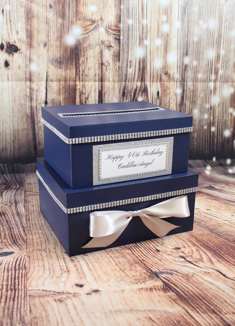 Navy Card Box Centerpiece (mid-size), Blue 2 Tier Shower or Birthday ...