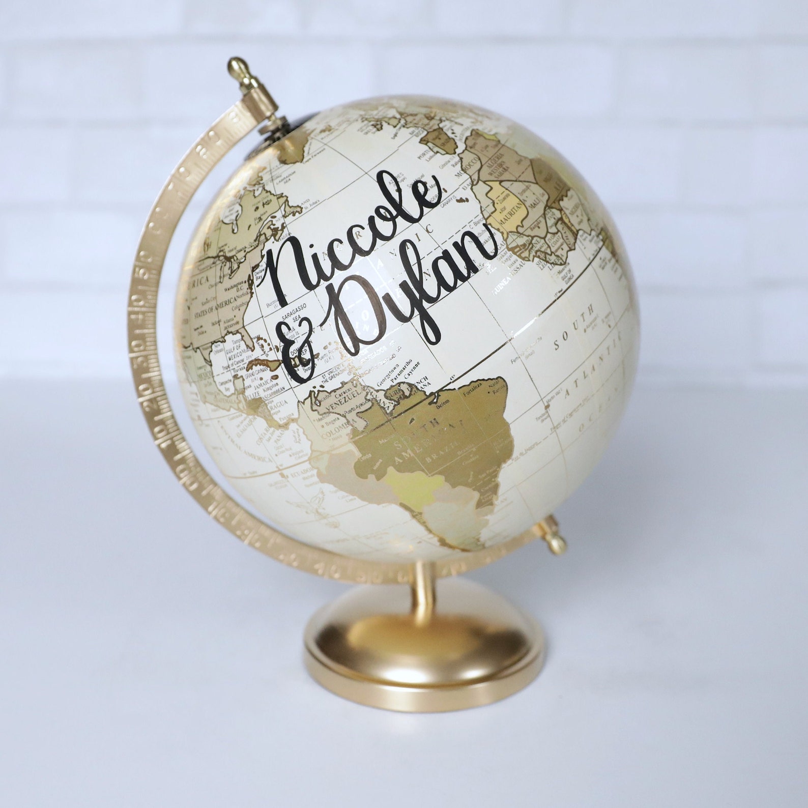 Gold Neutral Wedding Guest Book Globe Custom Lettering Calligraphy ...