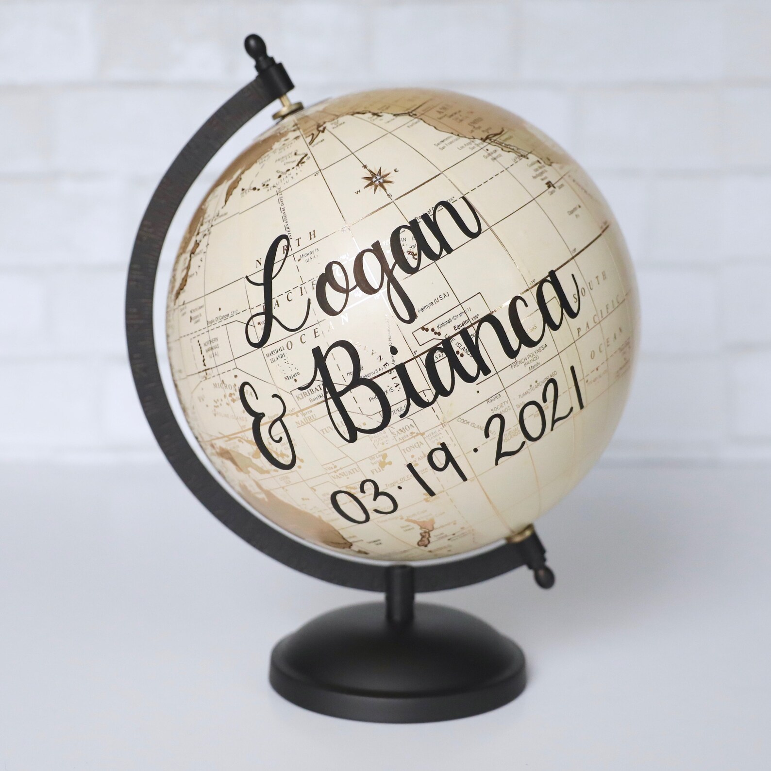 Gold Neutral Wedding Guest Book Globe Custom Lettering Calligraphy ...