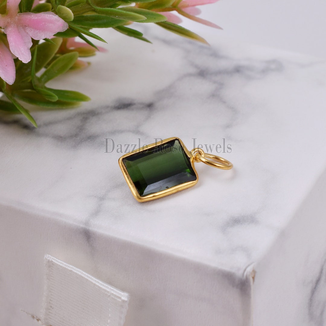 14k & 18k Solid Gold Charm, Natural Green Tourmaline Charm, Solid Gold ...