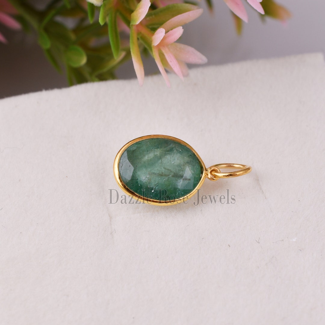 14k & 18k Solid Gold Charm, Oval Shape Gold Charm, Natural Emerald Gold ...